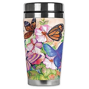 Mugzie Garden Butterflies Travel Mug with Insulated Wetsuit Cover, 16 oz, Black