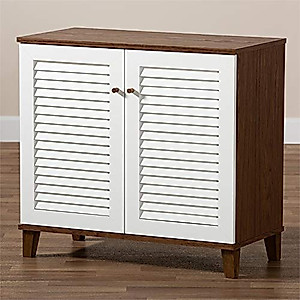 BOWERY HILL Modern 2 Doors Shoe Cabinet, 12 Pairs Shoe Rack Storage Organizer in White and Walnut Finish