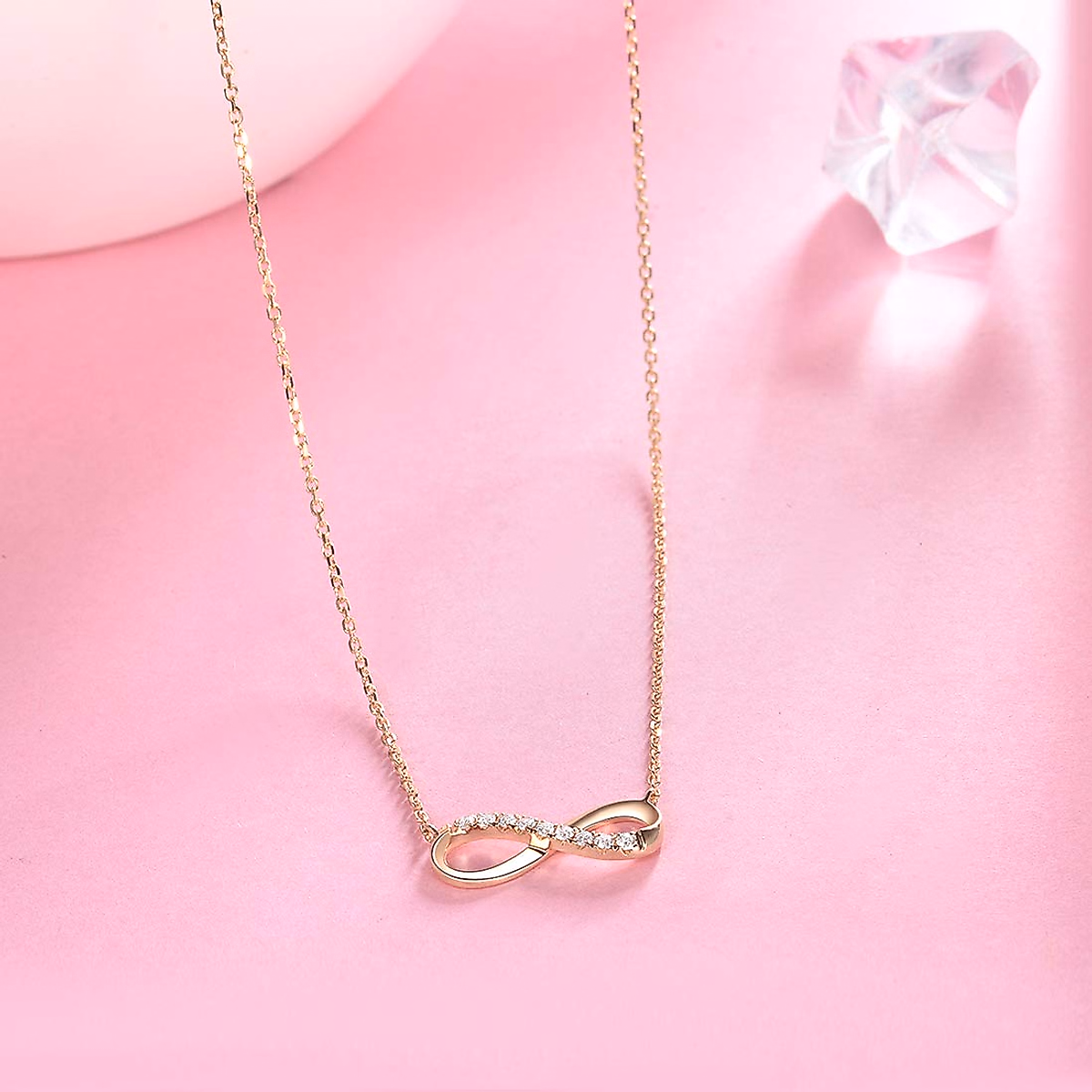 FANCIME 14K Solid Yellow Gold Small Infinity Diamond Pendant Forever Love Necklace Fine Dainty Jewelry Anniversary Birthday Mother's Day Gifts For Women Girlfriend, 16" + 2" Extender (0.072cttw, I-J Color, SI2 Clarity)