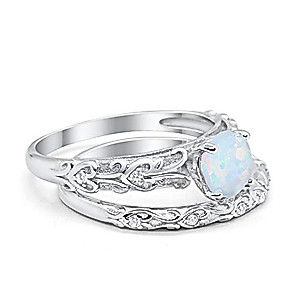 Blue Apple Co. Art Deco Two Piece Wedding Engagement Bridal Set Created White Opal Round Cubic Zirconia 925 Sterling Silver, Size-7