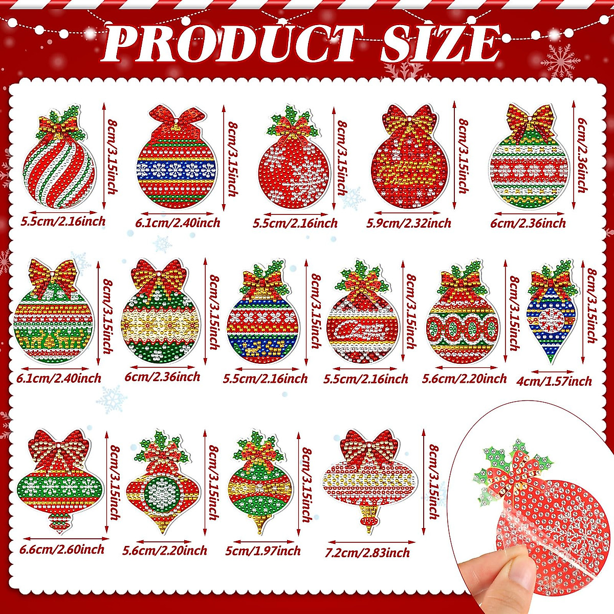 BBTO 15 Christmas Diamond Painted Keychains Art Ornaments 5D DIY Red Christmas Ball Patterns for Children's DIY Crafts