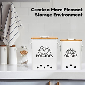 Potato and Onion Storage Bin, Set of 2 Vegetable Storage Tins with Wooden Lids & Side Handles, Dual-row Ventilation Holes, Farmhouse Metal Kitchen Canisters Sets, White