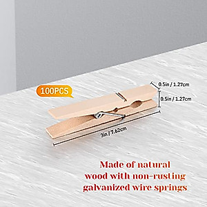 Clothes Pins Bag Holder Laundry Canvas Clothespin Bag with Hanging Hook, 100 Pieces 2.8 x 0.4 Inch Large Wooden Clips Wood Clothespins with Spring for Line-Drying