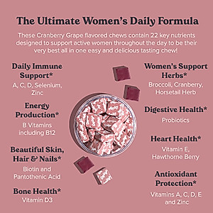 CHEWSY Women's Multivitamin - Immune & Energy Support - 23 Nutrients Including A, B12, C, Folic Acid, Probiotics, Biotin, Cranberry - 30-Day Supply