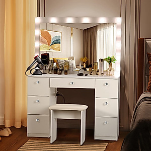 SMOOL Vanity with Lighted Mirror, Makeup Vanity Desk with Power Outlet and LED Bulbs, 3 Color Lighting Modes Adjustable Brightness, 7 Drawers Vanity Table with Cushioned Stool for Women Girls, 44'' L