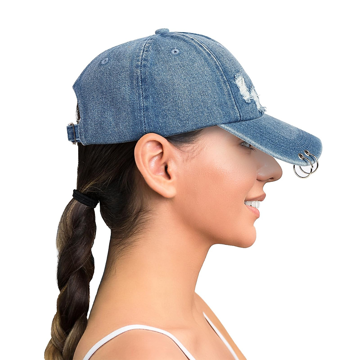 Vintage Distressed Jean Hat, Light Acid Washed Denim, Ripped Baseball Cap, Adjustable Clip for Universal Fit