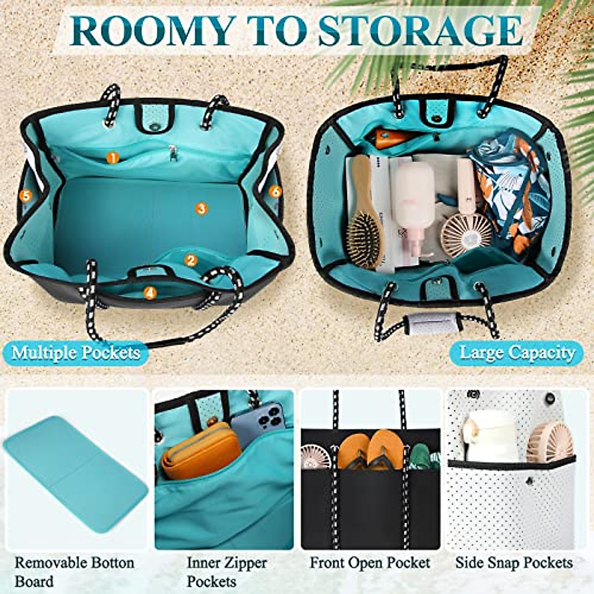 NUBILY Beach Bag for Women, Multipurpose Beach Tote Bag 30L Water Resistant Sandproof Neoprene Tote Bags Extra Large Swimming Travel Gym Pool Bag Lightweight Vacation Shoulder Bag