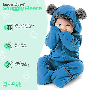 Fleece Baby Bunting Bodysuit – Infant One Piece Kids Hooded Romper Outerwear Toddler Jacket Bear - Blue 12-18 Months