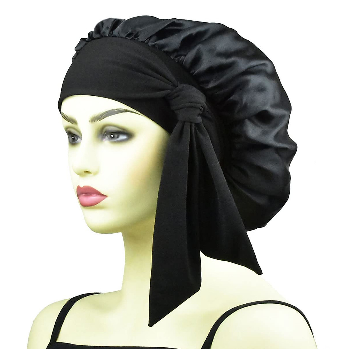 Silk Bonnets Satin Bonnet for Women Curly Hair Covers Large Sleep Hair Bonnets Sleeping Night Cap Silk Bonnet with Tie Band (Black + Pink Floral + Purple Floral)