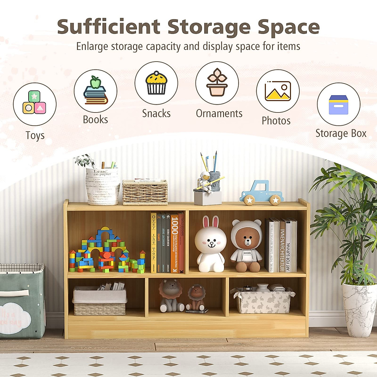 IFANNY Toy Storage Organizer, 2-Tier Kids Bookshelf, 5 Cube Kids' Bookcases, Cabinets & Shelves, Wooden Toy Shelf Organizer, Small Book Shelf for Kids Rooms, Playroom, Classroom, Nursery (Burlywood)