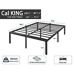 AROMUSTIME 16 Inch Standard Metal Platform Bed Frame / 3,000 lbs Heavy Duty Steel Slat Easy Assembly Mattress Foundation/No Noise/Box Spring Replacement, Cal King
