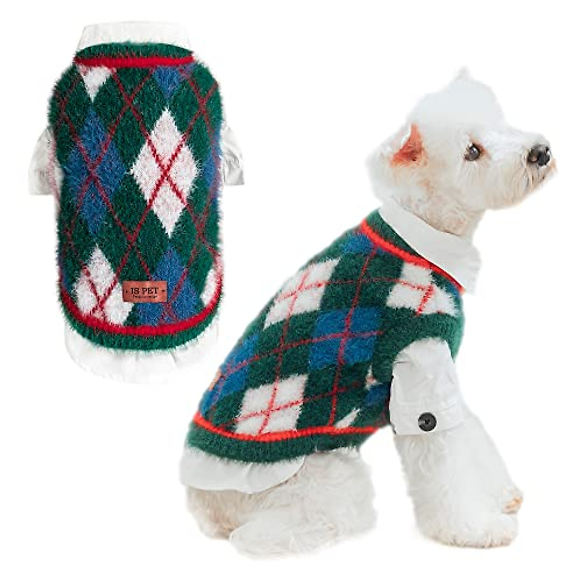 Fleece Dog Sweater - Classic Plaid Dog Sweater, Patchwork Doggies Fall Winter Sweatshirt Soft Warm Puppy Clothes for Small Medium Dogs Girls Boys Green