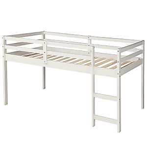 Harper & Bright Designs Low Study Twin Loft Bed with Cabinet and Rolling Portable Desk, White