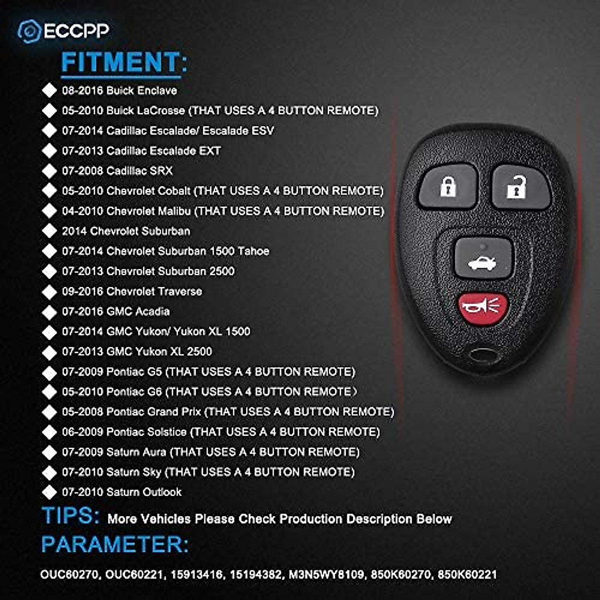 ECCPP 1x Key Fob Shell Case Keyless Entry Remote Control Car Replacement fit for 07 08 09 10 11 12 13 14 15 16 for Buick for GMC for Cadillac for Chevy for Saturn for Pontiac Series OUC60270