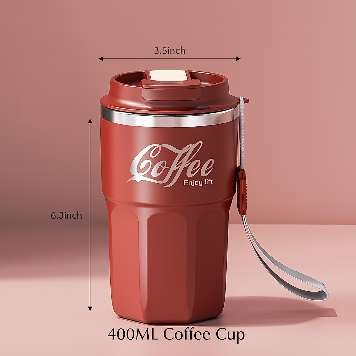 Colawind 13oz Travel Mug, Reusable Coffee Cups with Flip Top Lids, Stainless Steel Coffee Tumbler with Rope, 400ml Drink Cup for Iced Tea, Coffee, Water