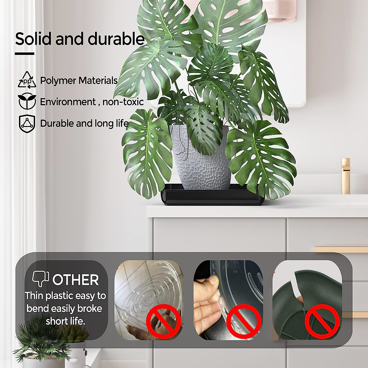 WAYNHUI Squared Plant Saucer 6/8/10/12/14/16/18/20inches Square Plastic Basin Tray Large/Small Water Receiving Tray (Black 10inch 5pack)