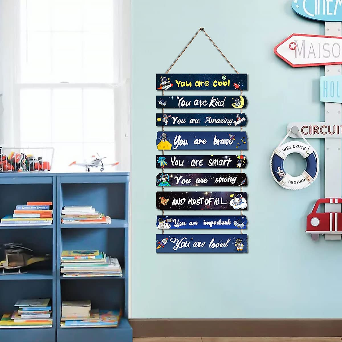 Outer Space Room Decor for Teen Boys Aesthetic, Cool Bedroom Wall Decor for Baby Boy, Navy Blue Kids Wall Art Signs, Fun Stuff Black Decorations for Nursery Bed Room Dorm Classroom Bathroom