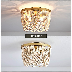 MZMHD Boho Wood Beaded Semi Flush Mount Ceiling Light Fixture,3-Light Gold Metal Mini Chandeliers,Bohemia Small Chandelier for Bedroom,Nursery Room,Entryway,Hallway,Passway,Dining Room