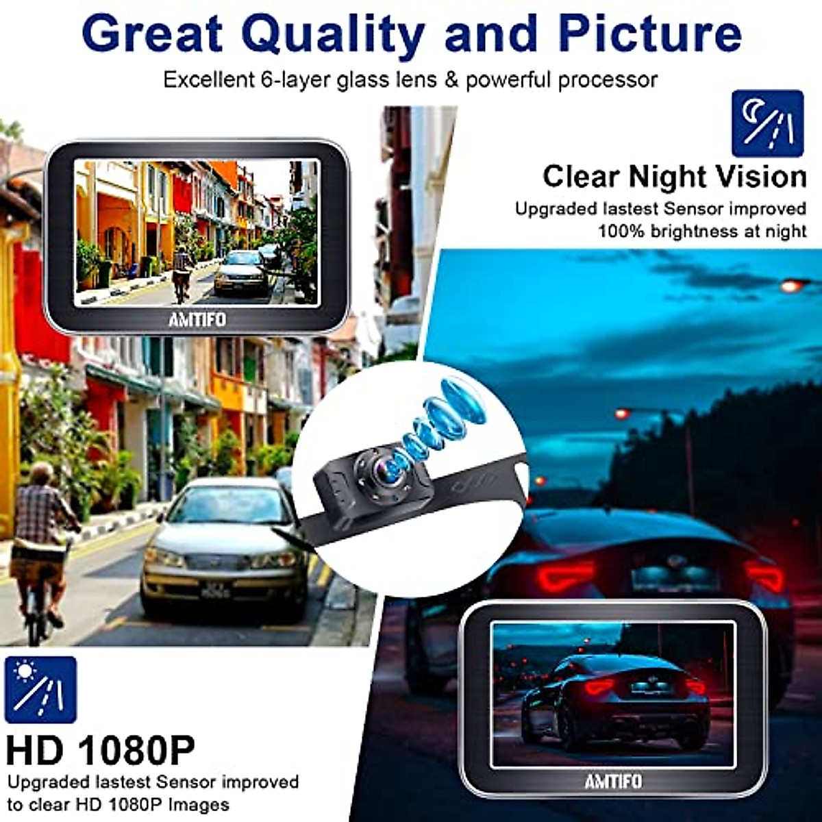 AMTIFO Wireless Backup Camera HD 1080P 5 Inch Split Screen Monitor Digital Stable Signal Car Truck RV Bluetooth License Plate Rear View Cam System 2 Channels Clear Night Vision W3