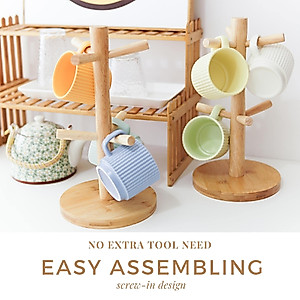 E-ROOM TREND Mug Holder 1 Pack Dia 6.7" Large Thicken Base Steady Wood Coffee Cup Rack with 6 Hooks Stand for Countertop Coffee Bar Accessories and Decor Coffee Organizer Station(MH171)