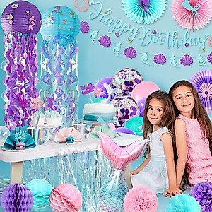 Ouddy Life Mermaid Birthday Party Decorations, 48Pcs Happy Birthday Banner Jellyfish Lantern Cake Topper Mermaid Balloons for Little Mermaid Theme Birthday Baby Shower Ocean Party Supplies Favors Girl