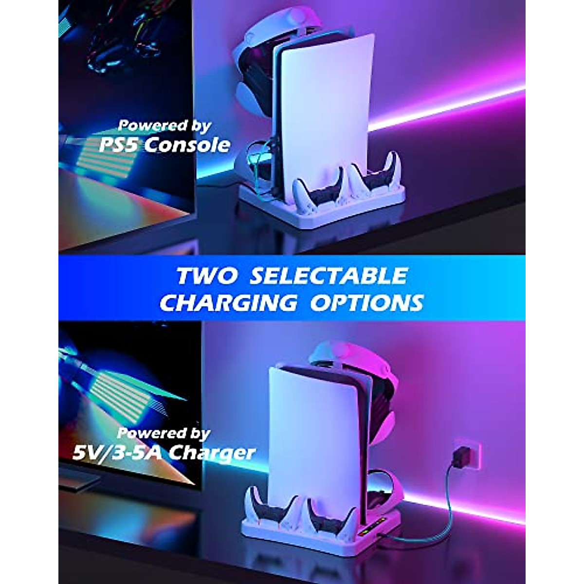 PS-5 & PS VR2 Charging Station with 2 Cooling Fan, YOGES 3-in-1 PS-5 Stand for Play-station5 and Play Station VR2 Controllers Charging, PS-5 Console Cooling Station PS-5 PS VR2 Accessories Storage