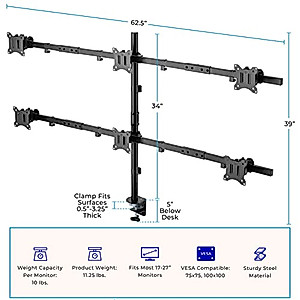 Stand Steady Clamp-On 6 Monitor Mount Desk Stand | Height Adjustable Monitor Stand with Full Articulation VESA Mount | Fits Most LCD/LED Monitors 17-27 Inches | Six Monitor Arm (Black)