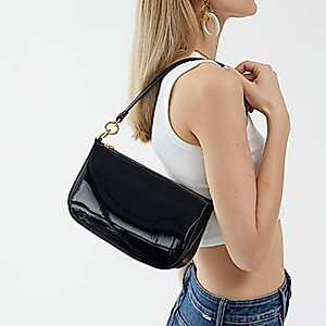 HOXIS Glossy Faux Patent Leather Women Shoulder Bag Shiny Clutch Crossbody Bag 90s Purse (Black)