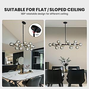 CROSSIO 16 Lights Mid Century Modern Chandelier Black Linear Chandelier Light Fixture Glass Globe Sputnik Pendant Light for Dining Room Kitchen Farmhouse (Smoke Gray Lampshade)