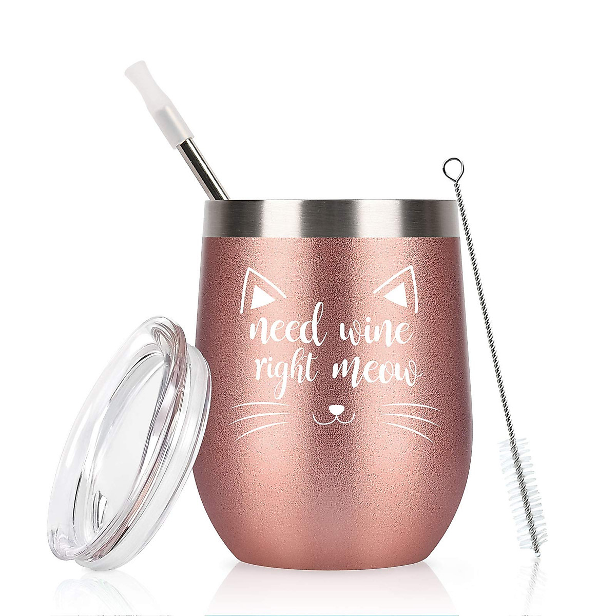 Cpskup Need Wine Right Meow Wine Tumbler, Cute Funny Cat Gift for Cat Lover Mom Wife Women, Stemless Stainless Steel Insulated Wine Tumbler with Lid and Straw for Christmas Birthday(12 oz, Rose Gold)