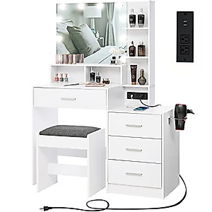 usikey Large Vanity Table Set with Lighted Mirror & Charging Station, Makeup Vanity Dressing Table with 4 Storage Shelves and 4 Drawers, Vanity Desk with 3-Drawer Chest and Cushioned Stool, White