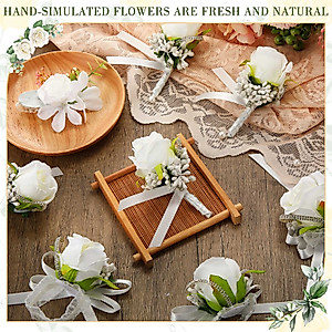 Geosar 12 Pcs Wedding White Corsage and Boutonniere Set for Bride, Bridesmaid, Includes 6 Artificial Corsage Wristlet and 6 Boutonniere for Men Wedding Wrist Corsage Rose Prom Suit Decorations