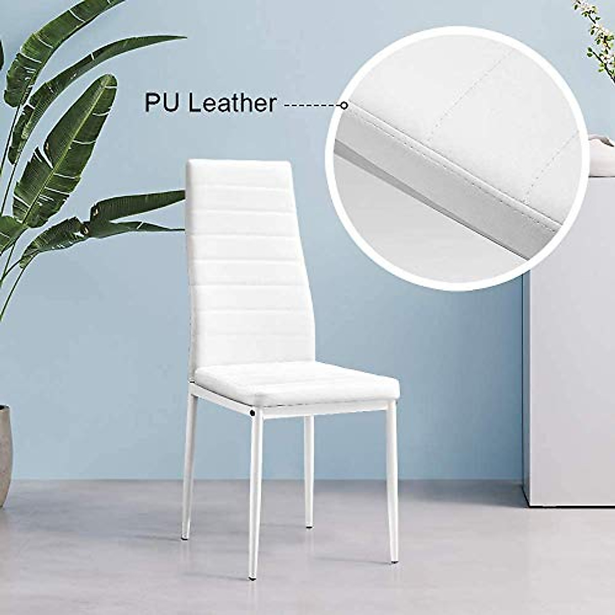 4HOMART Yvonne&F.L.A.M. 7PCS Dining Table and White Chairs Set Glass Dining Kitchen Table Set Modern Tempered Glass Top Table and White PU Leather Chairs