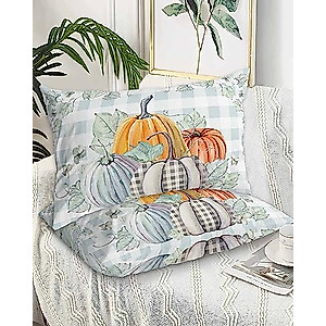 Thanksgiving Pillow Covers Standard Size Set of 2 Bed Pillow, Farmhouse Teal Plaid Fall Pumpkin Maple Leaves Plush Soft Comfort for Hair/ Skin Cooling Pillowcases with Envelop Closure 20''x26''