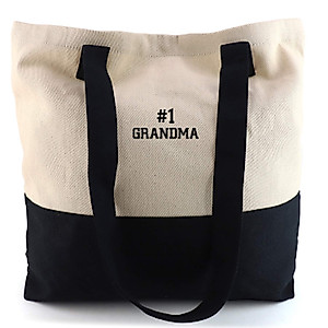 Trendy Apparel Shop Number #1 Grandma Embroidred Colorblock Cotton Twill Large Tote Bag - Natural Black