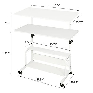 Portable Desk Small Desks for Small Spaces Laptop Table White Rolling Adjustable Desk on Wheels Mobile Couch Desk for Bedroom Home Office Computer Standing Desk Student Desk with Storage 32x16 Inch