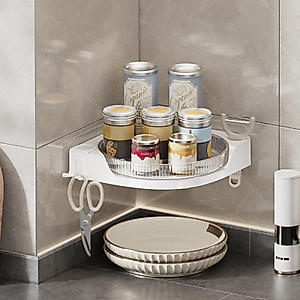 KOUHTIKA 360 Rotating Makeup Organizer Corner Spinning Bathroom Organizer 1 Pack Corner Shower Rack with Hooks for Perfume Lotion Skincare Organizer Countertop Kitchen Storage(Clear)