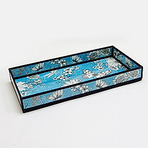 nu steel Decorative Glass Blue Printed Floral Tray, Hand Storage, Towel Rack, Sturdy Holder for Disposable Paper Napkins-Bathroom Vanity Countertop