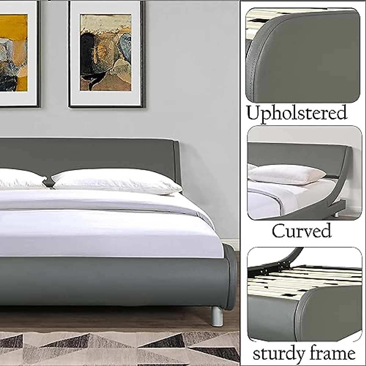 Queen Size Leather Upholstered Platform Bed Frame with Comfortable Headboard and Footboard, Modern Curve Design Platform Bed with Sturdy Bed Frame/Wood Slats Support/Easy Assemble for Bedroom (Grey)