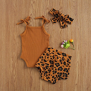 Kuriozud Newborn Infant Baby Girl 2 Piece Summer Outfits Tank Bodysuit Top + Ruffle Bloomer Shorts Set Clothes (Leopard Brown, 3-6 Months)
