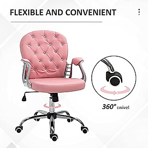 Vinsetto PU Leather Home Office Chair, Button Tufted Desk Chair with Padded Armrests, Adjustable Height and Swivel Wheels, Pink
