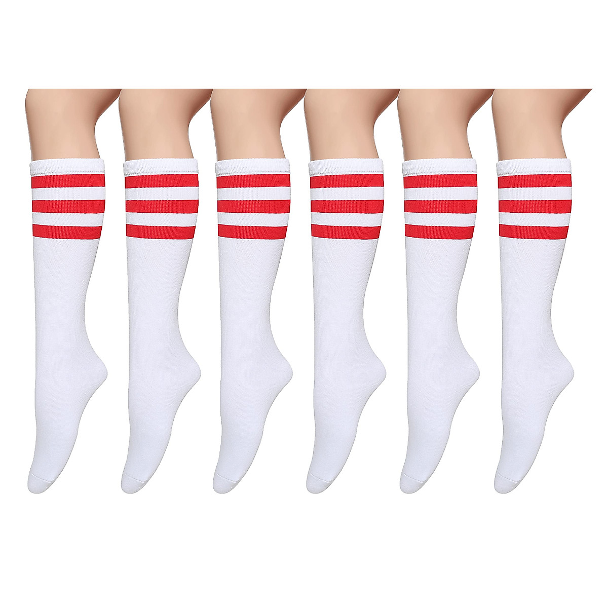Pareberry Casual Cotton Solid & Triple Stripe Colors Knee High Tube Socks-3 Pairs (A08-Red/White)