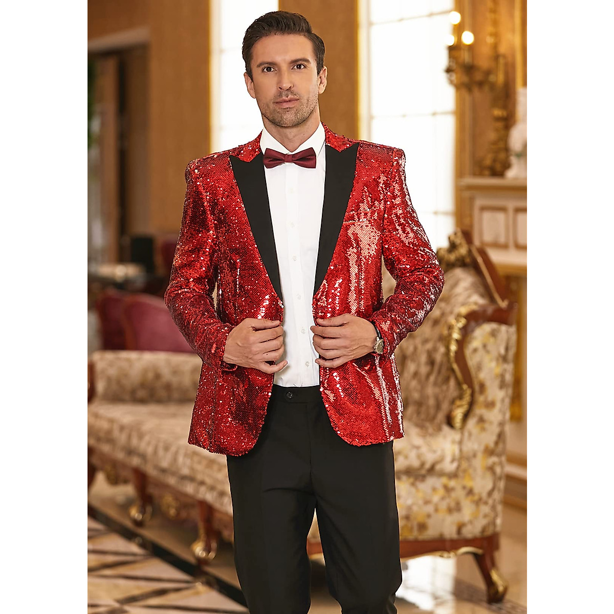 COOFANDY Mens Sequin Suit Jacket Stylish Shawl Lapel Glitter Blazer Jacket with Pockets Red