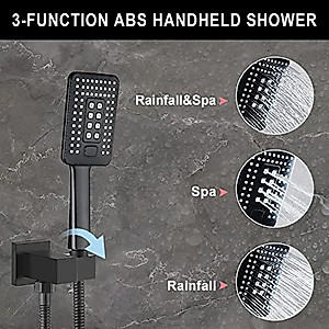 Midanya Matte Black Shower System Ceiling Mount ABS 12 Inch Rain Shower Head with 3 Functions ABS Handheld Spray Luxury High Pressure Shower Combo Set Rough-in Valve and Shower Trim