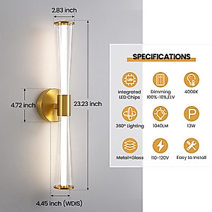 KAISITE Gold Bathroom Light Fixture - Modern Bathroom Vanity Light Dimmable LED Bathroom Sconce Wall Lighting Fixture with Double Layer Shades 13W 4000K 23inch Bath Vanity Light Bar over Mirror