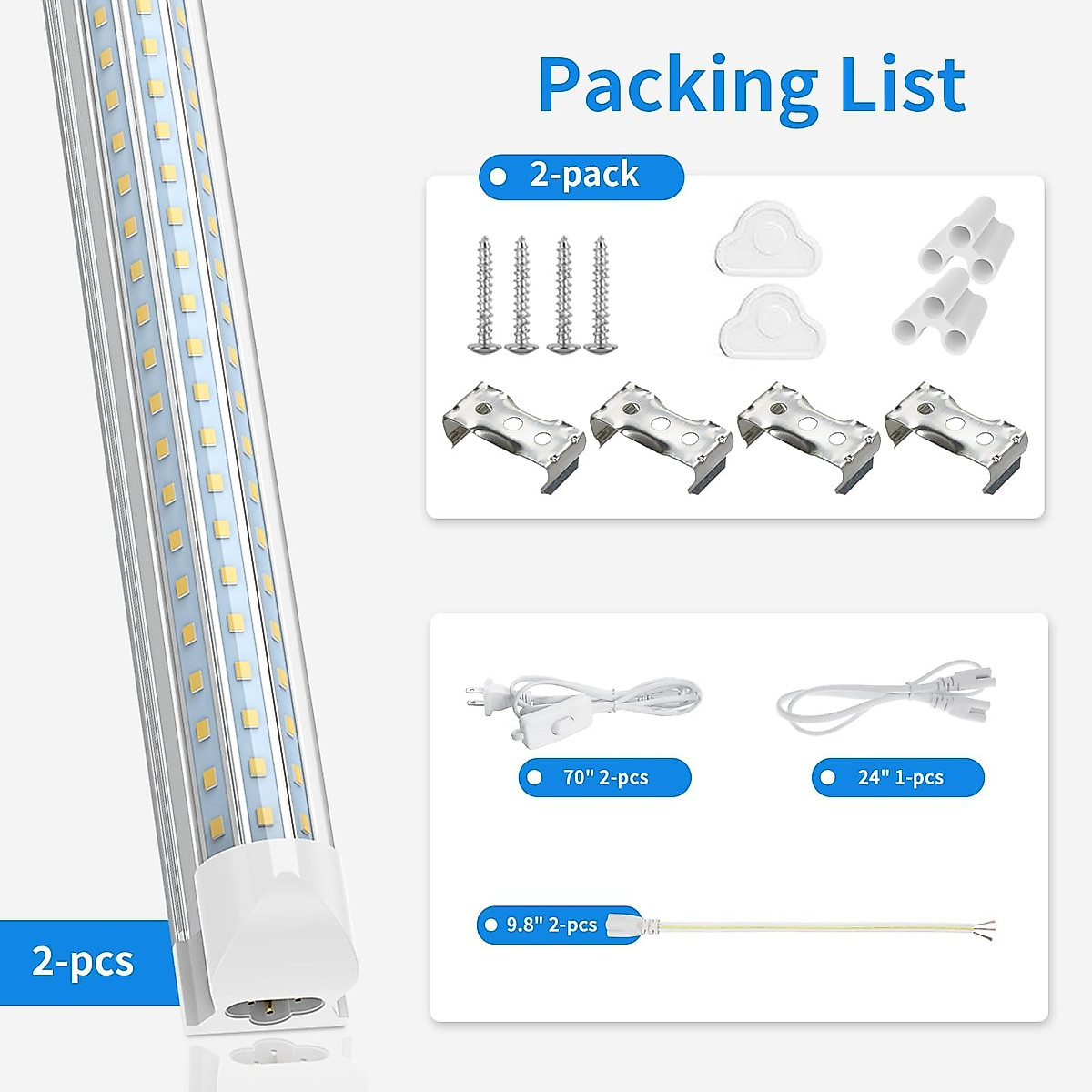 CNSUNWAY 2FT LED Shop Light, 24W 5000K Utility T8 LED Light Fixture, 3100LM Super Bright, D Shape, High Output, Linkable Tubes Lights for Room, Garage, Workbench, Plug and Play, 2 Pack