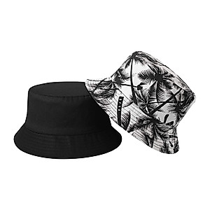 ZLYC Unisex Cute Print Bucket Hat Summer Travel Fisherman Cap for Women Men Teens (Palm Tree Black)