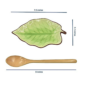 Green Spoon Rest Spoon Holder for Stove Top Kitchen Counter with Wooden Spoon, Farmhouse Decor Leaf Shape Spatula Holder Ceramic, 5.1 W x 7.5 L