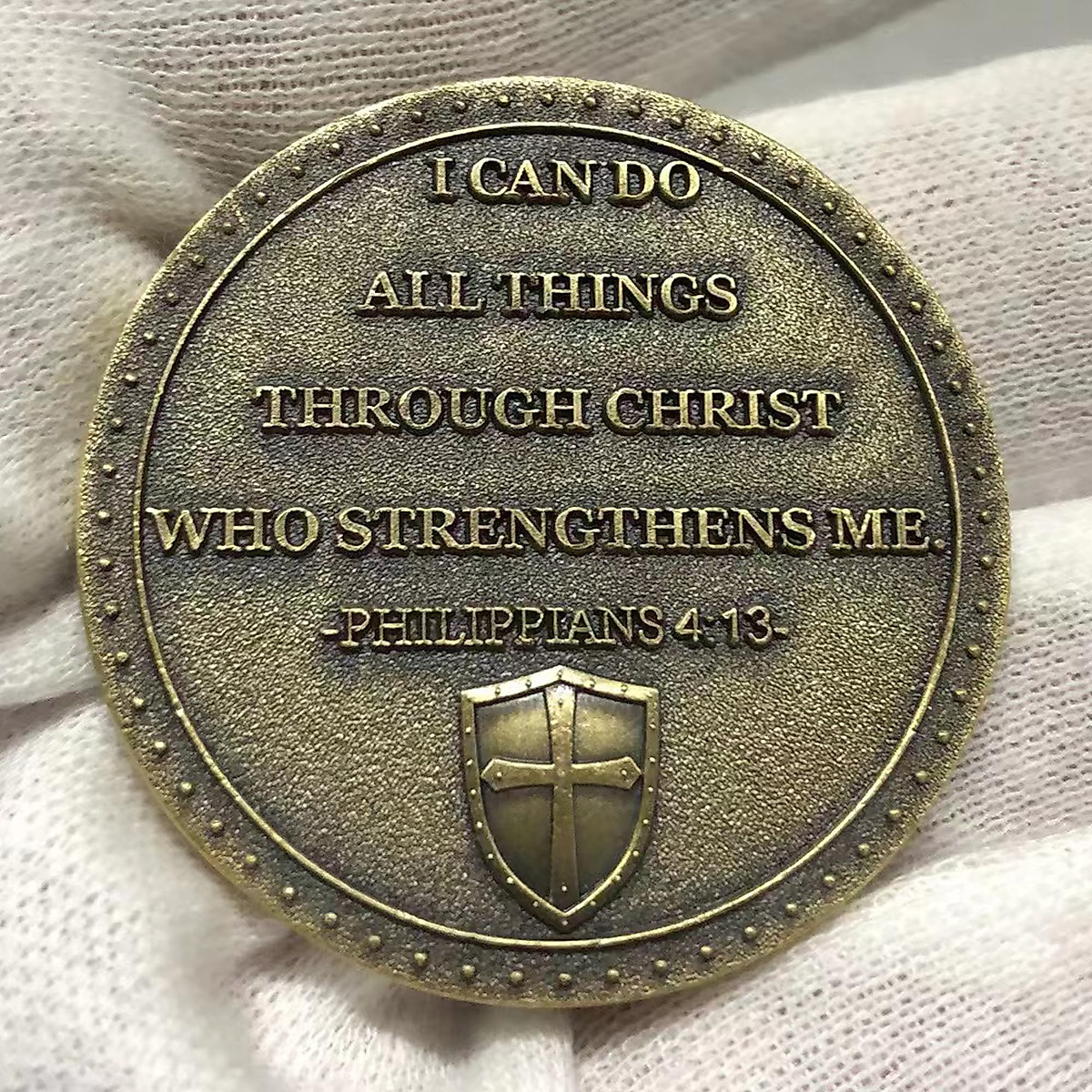 The Task Ahead Christian Challenge Coin Featuring A Fully Armored Warrior and Scripture John 4:4, Bible Verses Pocket Token (Single Coin)