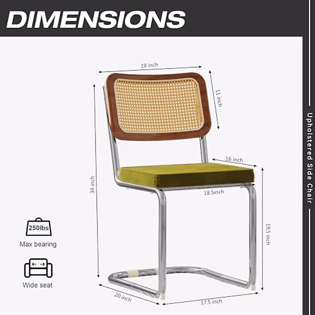 MeetLeisure Rattan Dining Chair Set of 2, Mid-Century Modern Chairs with Metal Chrome Legs, Armless Cane Back Chairs with Upholstered Cushion for Home Kitchen Dining Room, Walnut Brown/Green